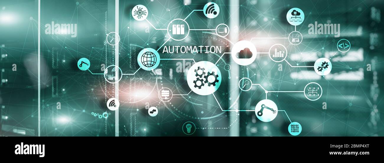 Robotic Process Automation on Green Blurred Big Data Center. Panoramic ...