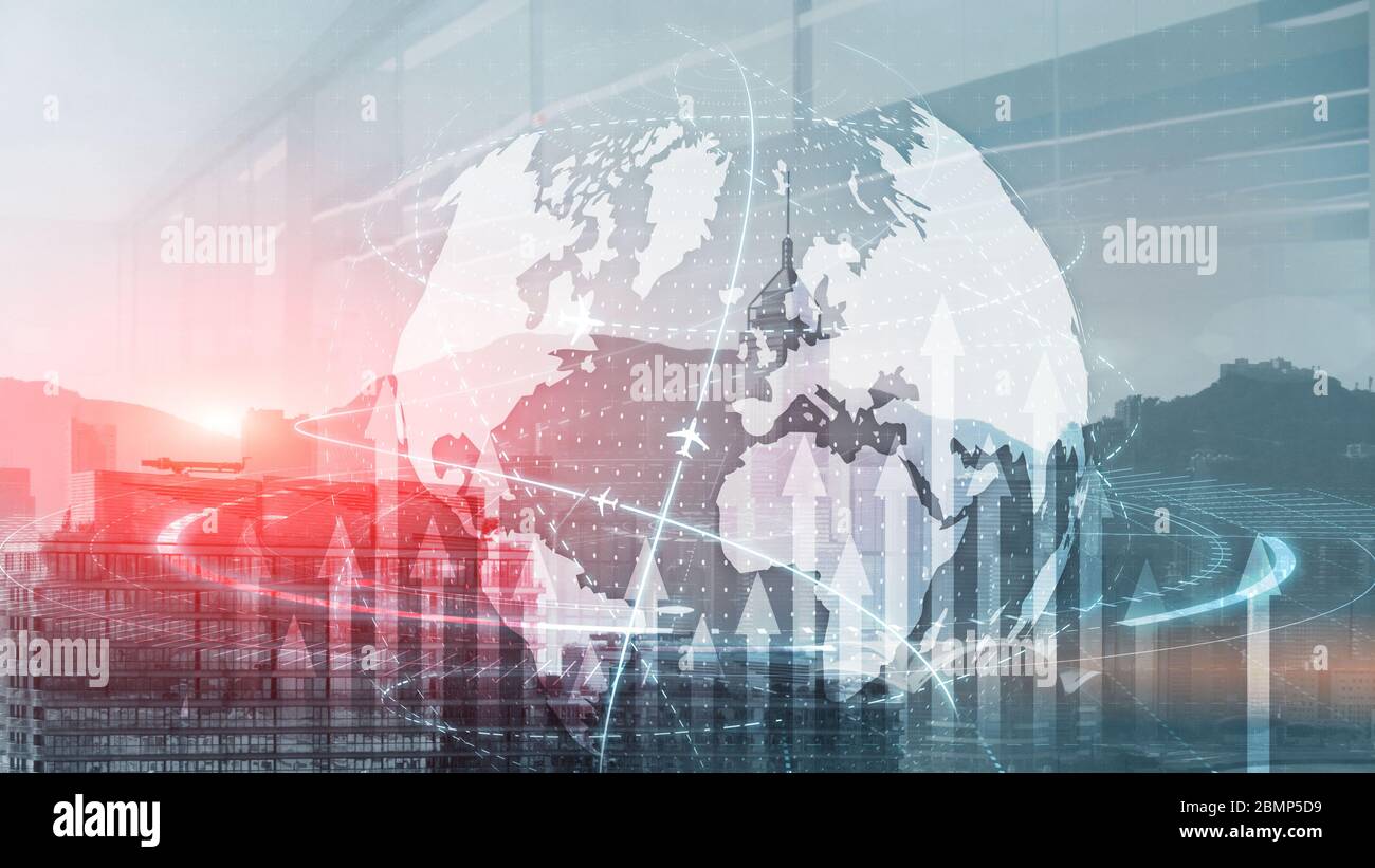 Map of flight routes airplanes network use for global travel on 3d ...