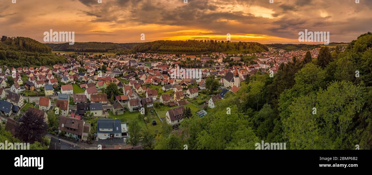 Germany, Albstadt at the Schwaebische Alb skyline of medieval city ...