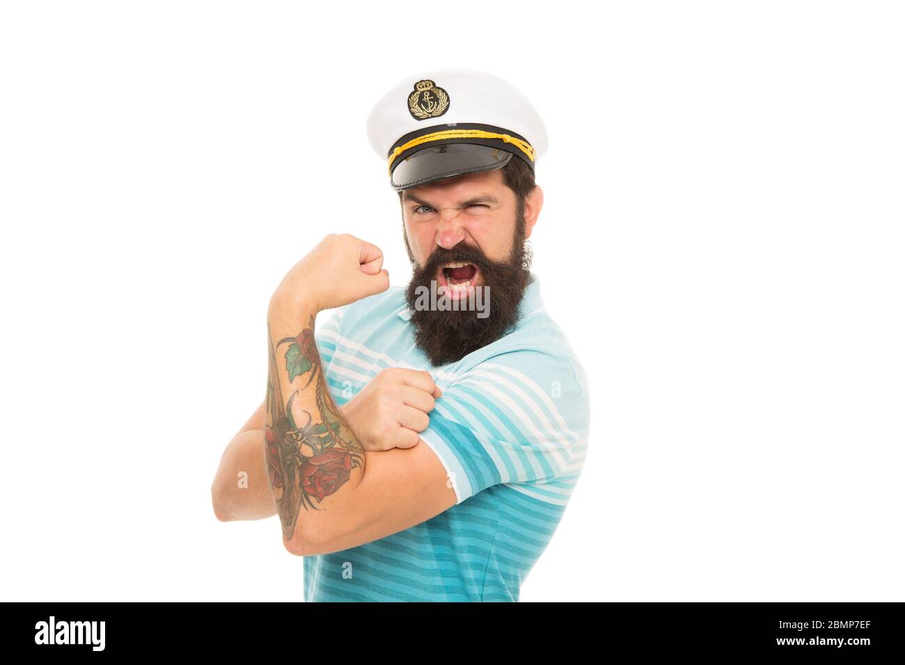 Strong muscles. Sailor spirit. Bearded sailor isolated on white. Sailor ...