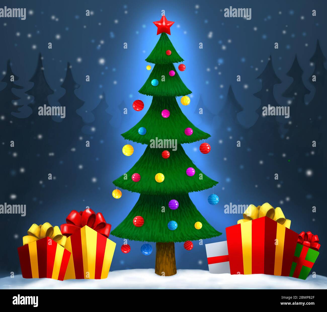 Christmas tree with gifts on snow. Christmas and New Year Stock Photo ...