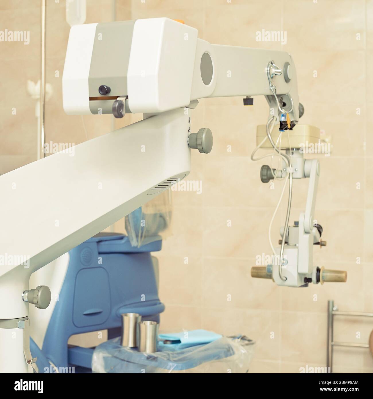 Ophthalmology laser microscope operation. Clinic room with doctor and ...