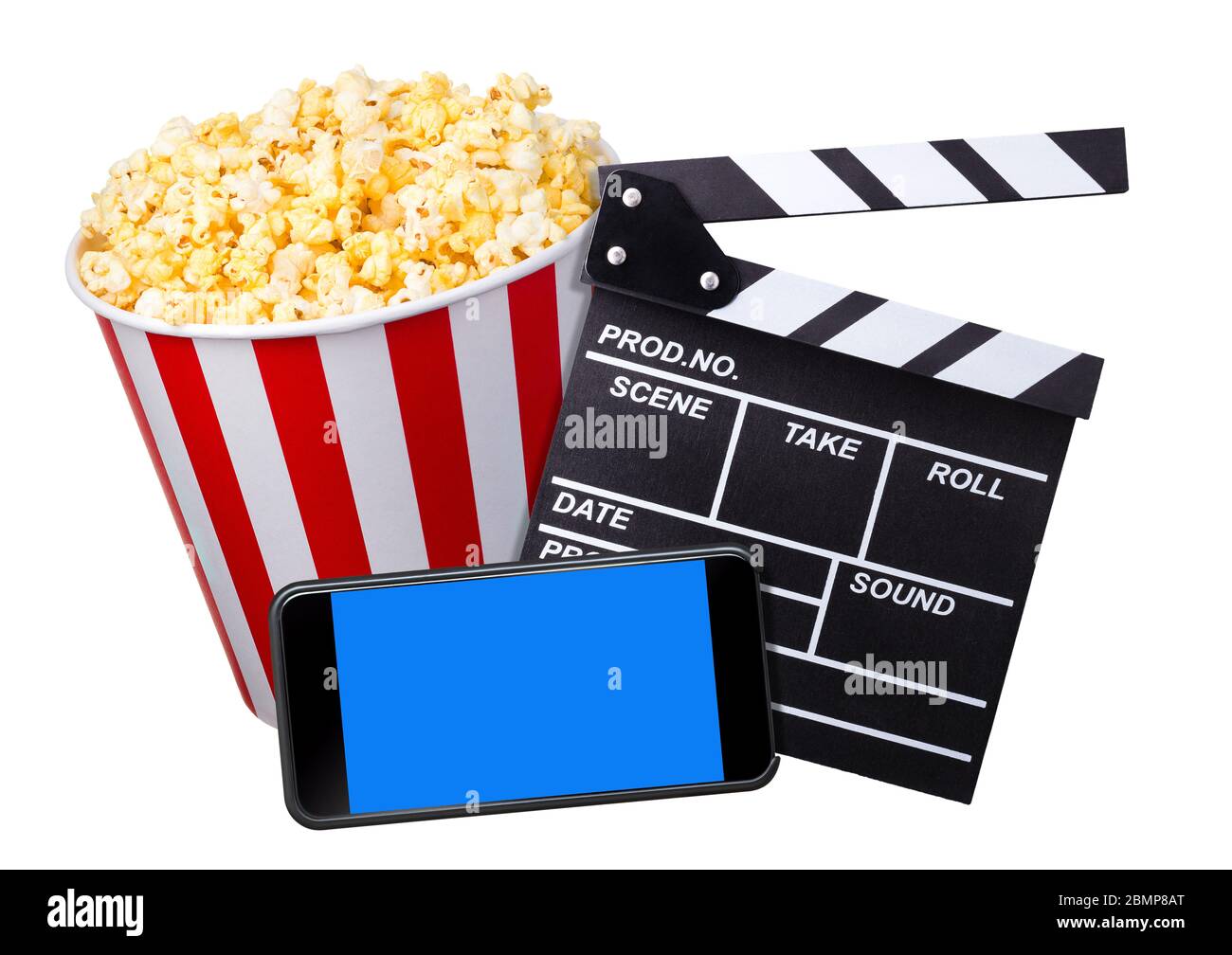 Flying popcorn, film clapper board and phone isolated on white ...