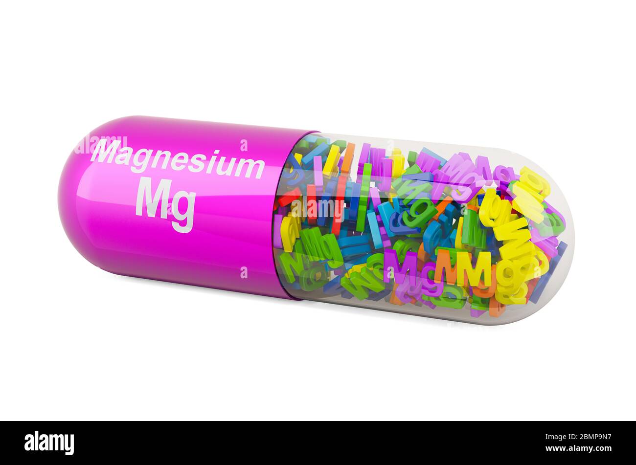 Capsule with magnesium Mg, dietary supplement. 3D rendering isolated on ...