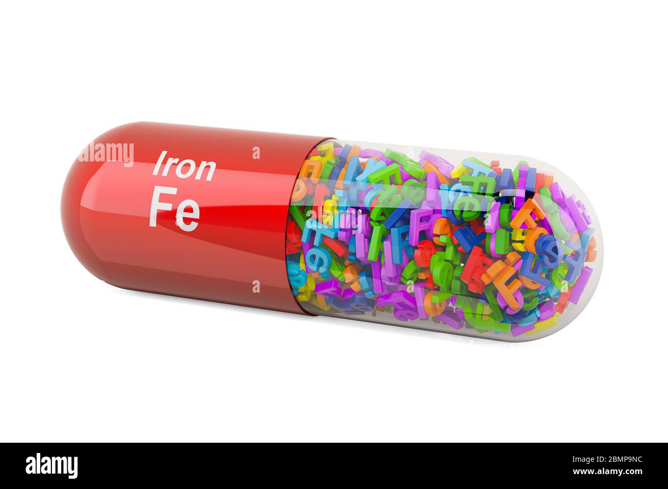 Capsule with iron Fe, dietary supplement. 3D rendering isolated on ...