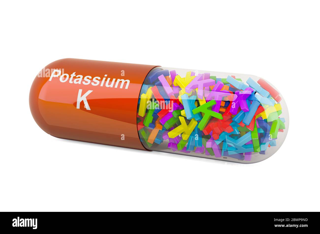 Potassium, kalium K, dietary supplement. 3D rendering isolated on white ...