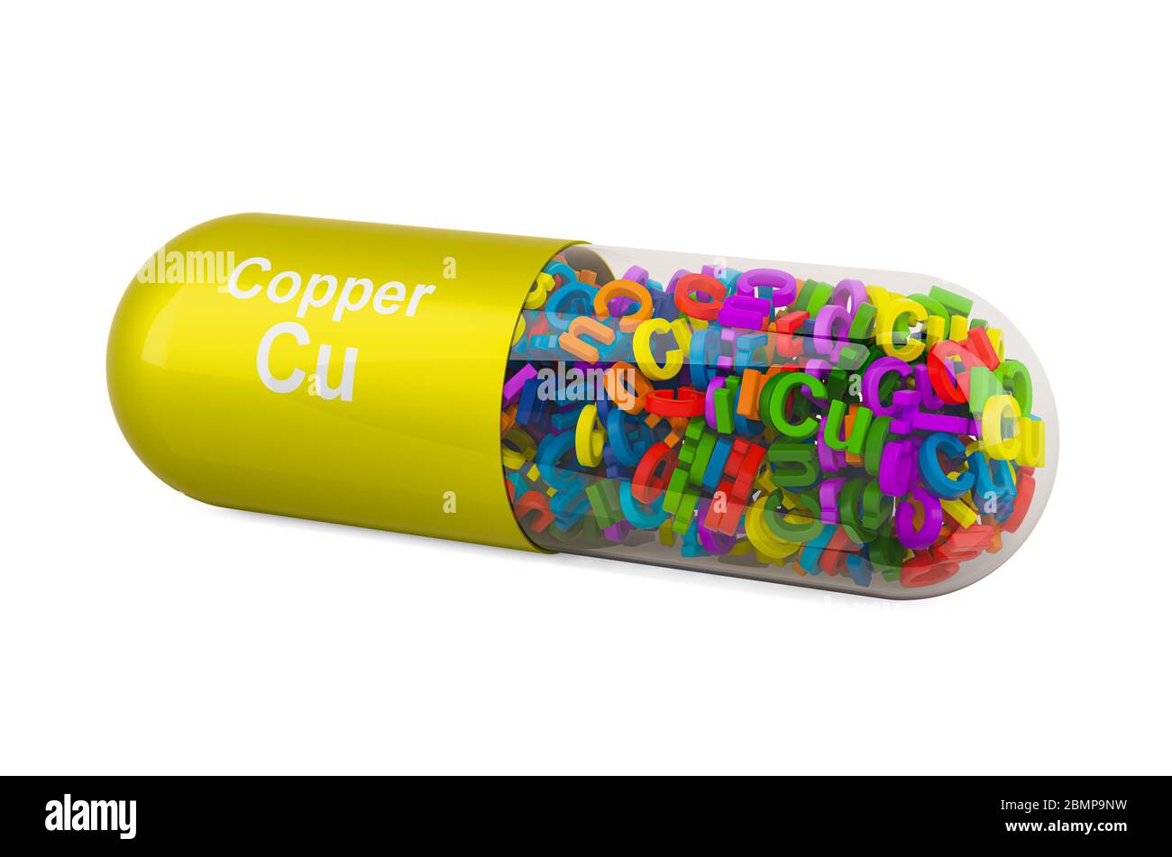 Capsule with copper Cu, dietary supplement. 3D rendering isolated on ...