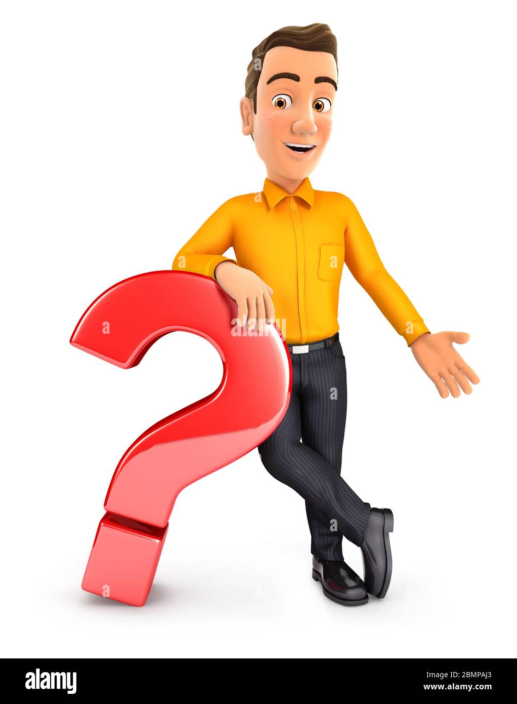 3d man leaning against question mark, illustration with isolated white ...