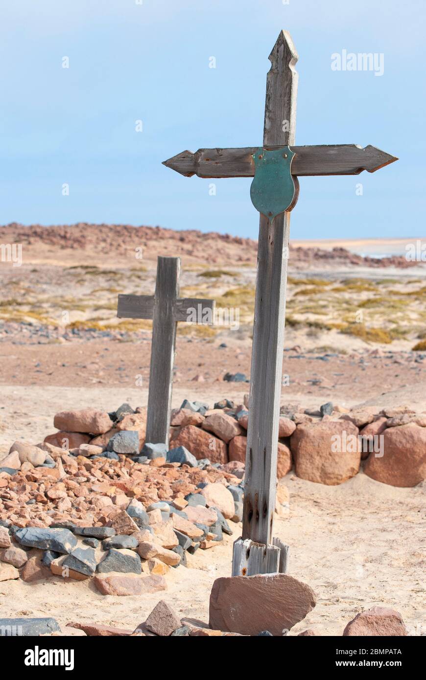 Old wooden crosses on the beach near Cape Cross on the Skeleton Coast ...
