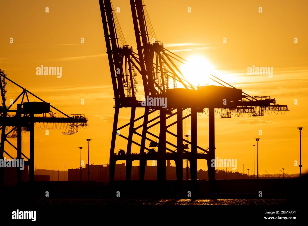 Large ship to shore container cranes at sunset Stock Photo - Alamy