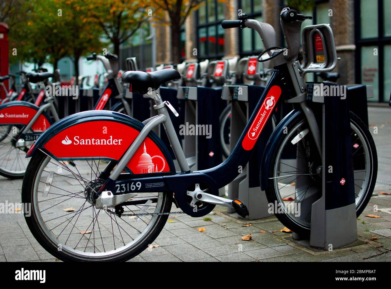 A Santander-branded bicycle for hire docked on a London street as part ...