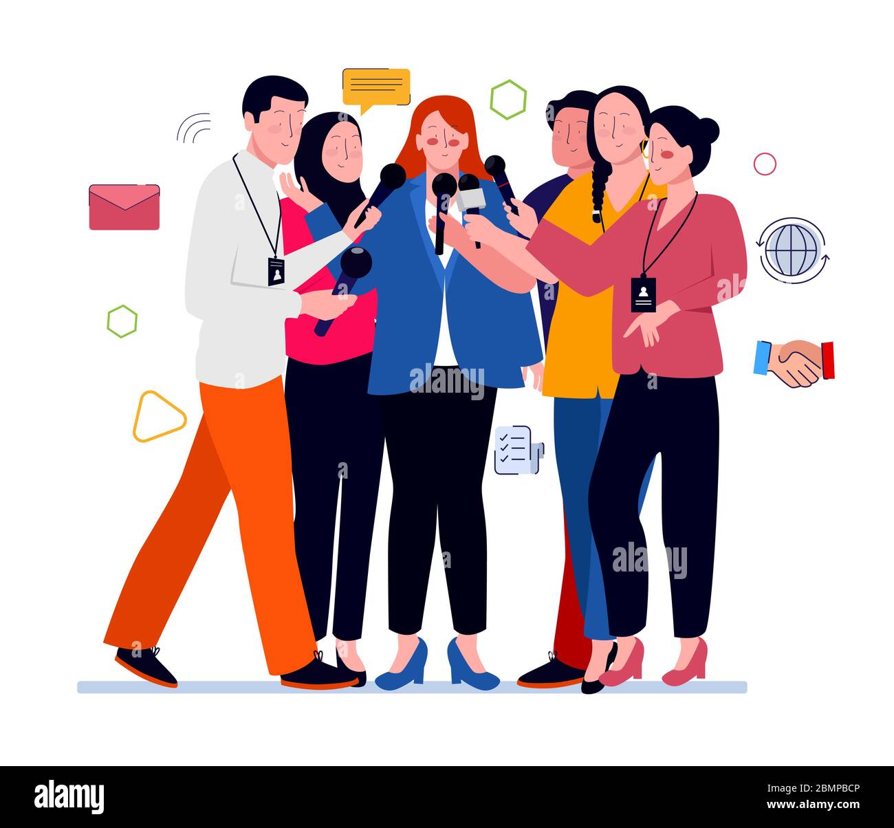 interview woman with mass media reporter. Journalism live press talk in ...