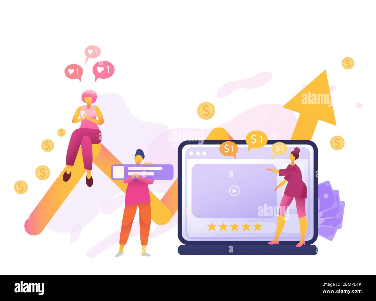 Cartoon icon with SMM, social media network influencer marketing with ...