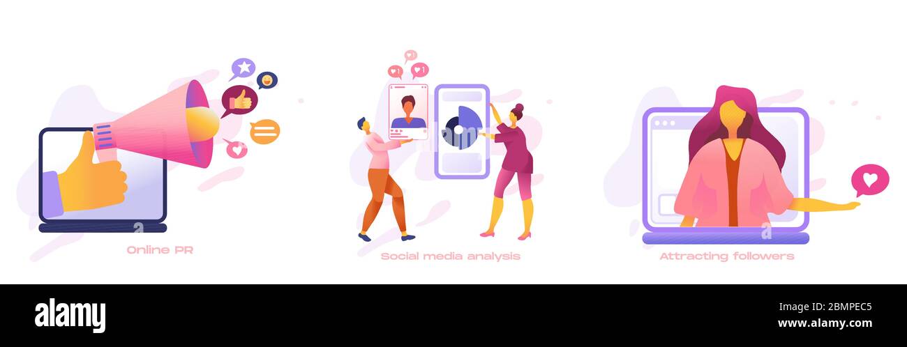 Cartoon icon set with competitor research marketing business for SMM ...