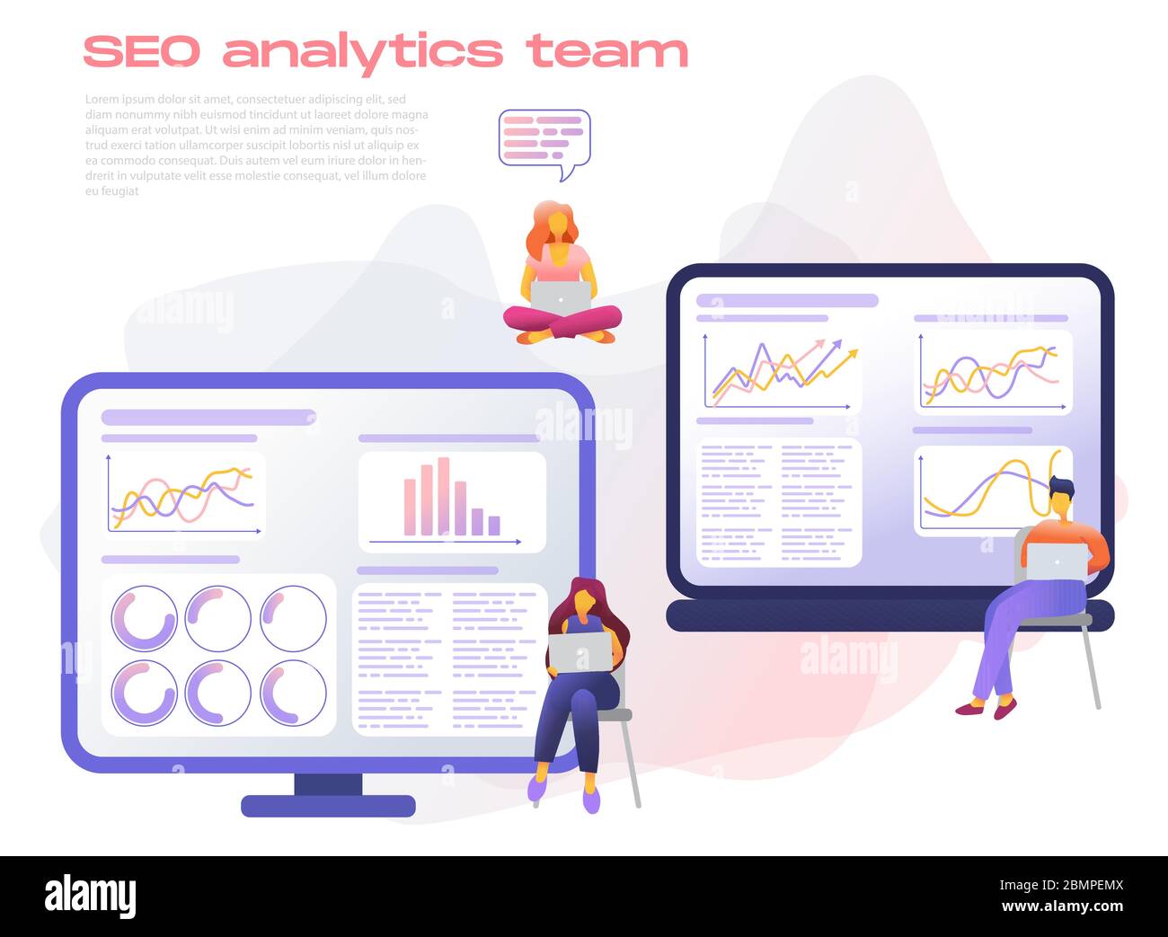 Cartoon icon with SEO analytics team marketing business for concept ...