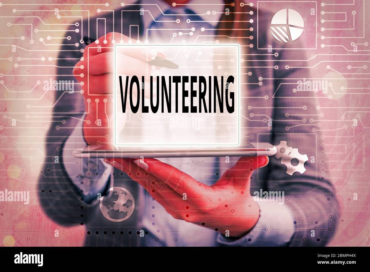 Text sign showing Volunteering. Business photo text Provide services ...