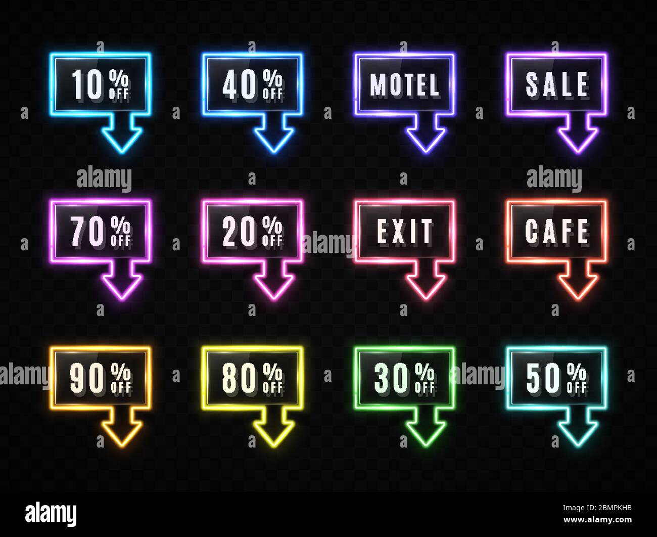 Neon rectangle arrow sale banner set on dark transparent background ...