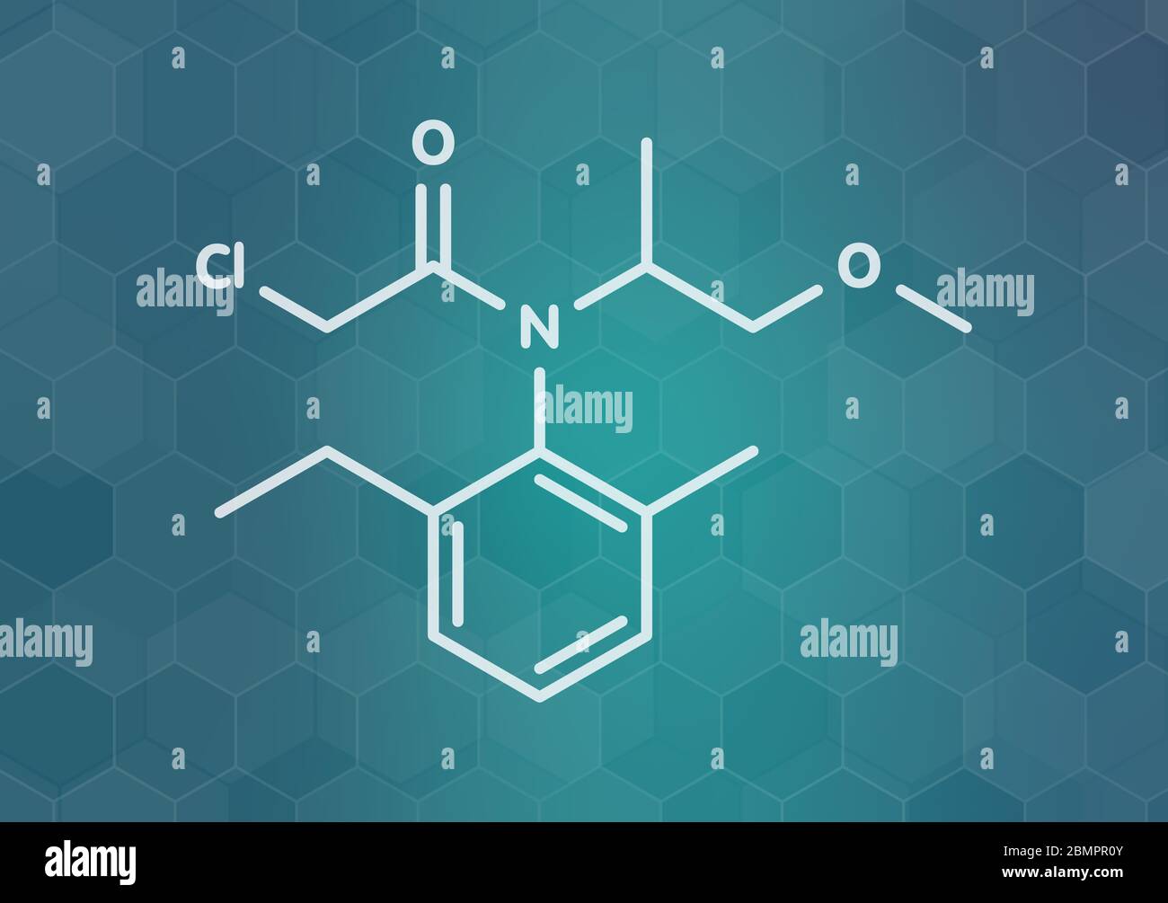 Metolachlor herbicide (weed killer) molecule. Skeletal formula Stock ...