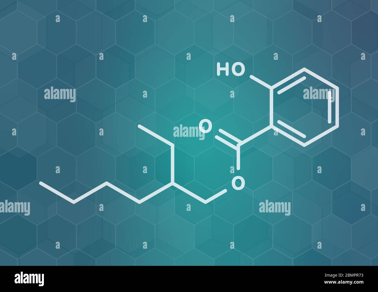 Octyl salicylate (octisalate) sunscreen molecule (UV filter). Skeletal ...