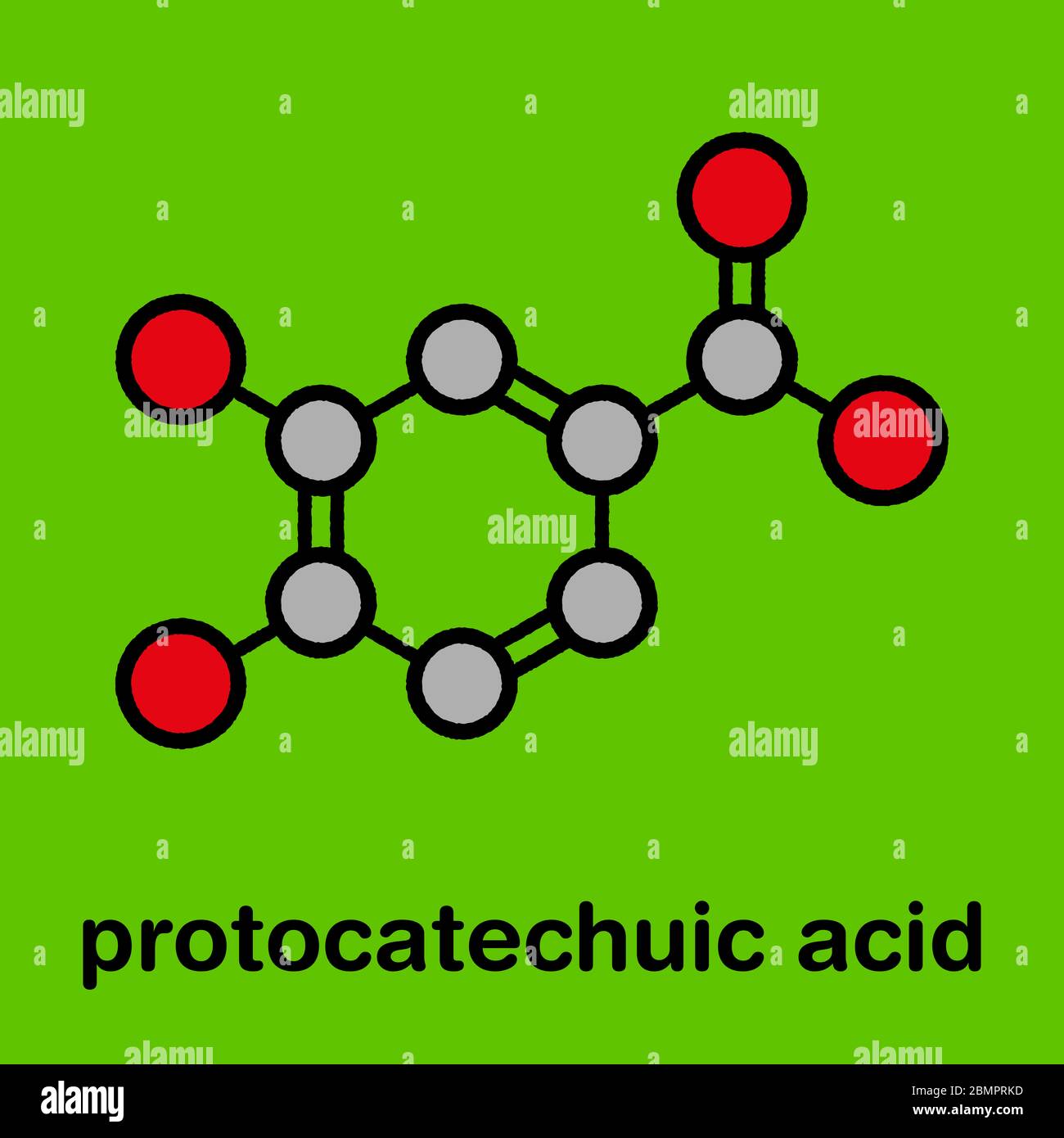 Protocatechuic acid (PCA) green tea antioxidant molecule. Stylized ...