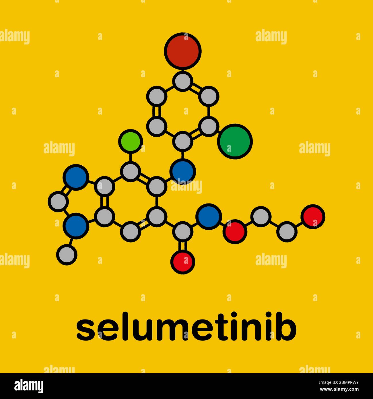 Selumetinib cancer drug molecule (MEK1 and MEK2 inhibitor). Stylized ...