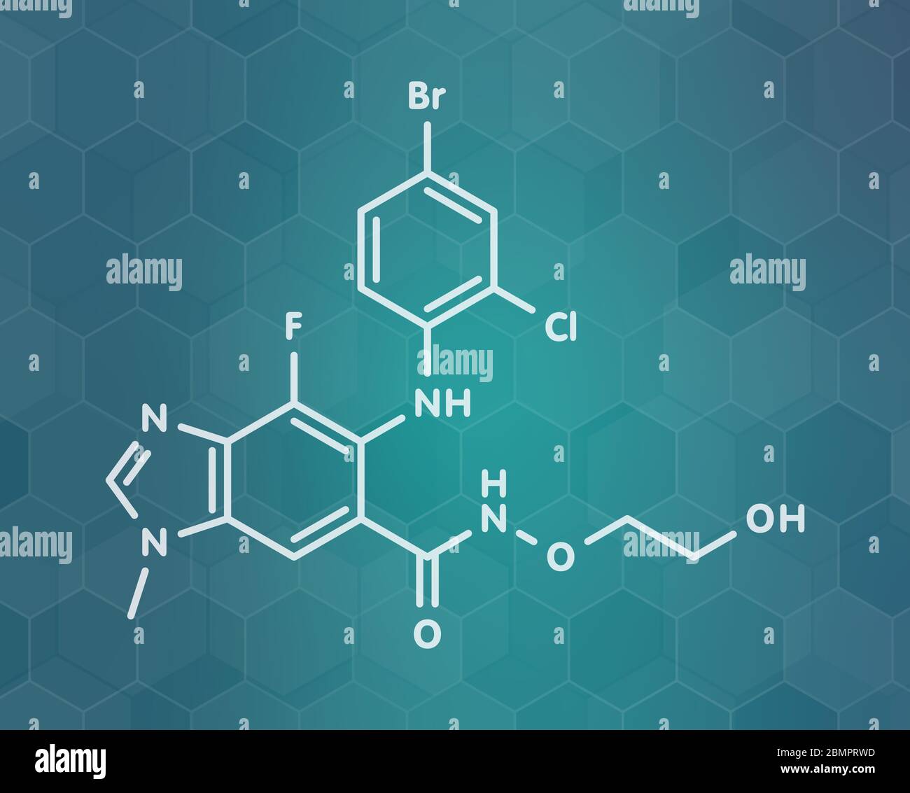 Selumetinib cancer drug molecule (MEK1 and MEK2 inhibitor). Skeletal ...
