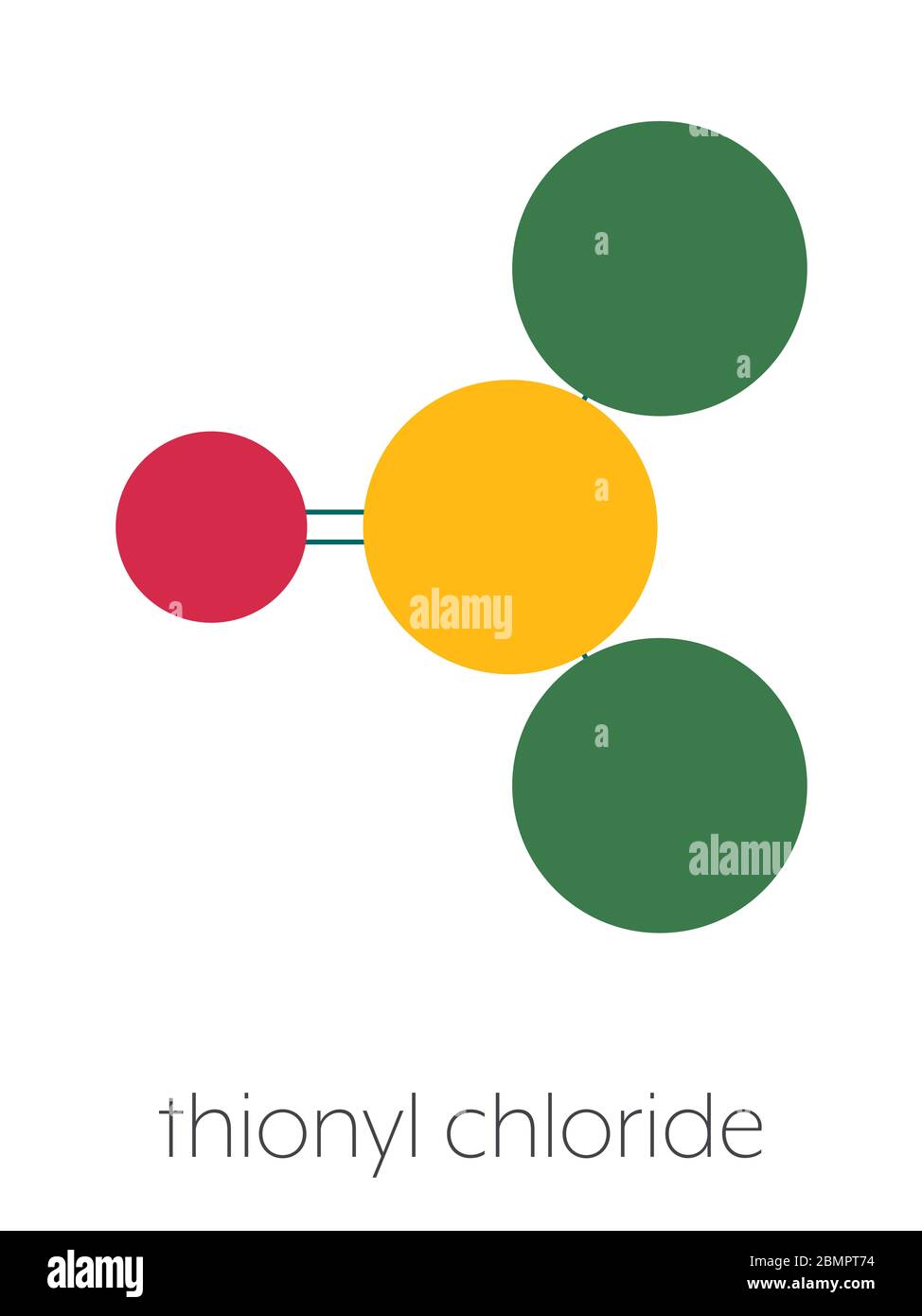 Thionyl chloride (SOCl2) chemical reagent molecule. Stylized skeletal ...