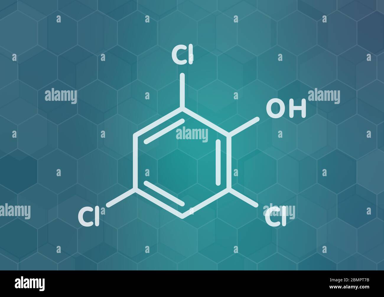 Trichlorophenol (TCP, 2,4,6-trichlorophenol) molecule. Skeletal formula ...