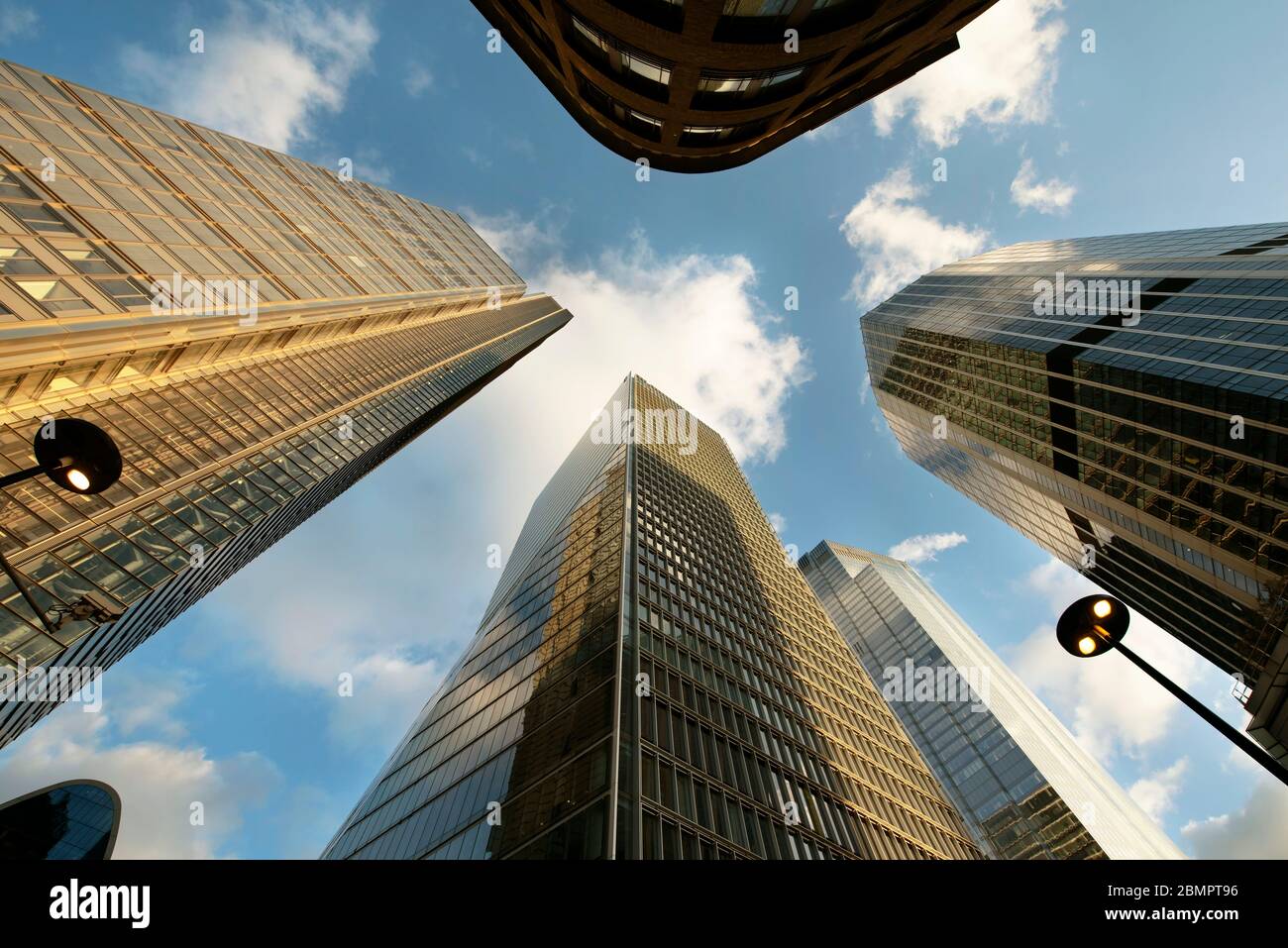 Looking up to commercial towers: 100 Bishopsgate (centre), Heron Tower ...