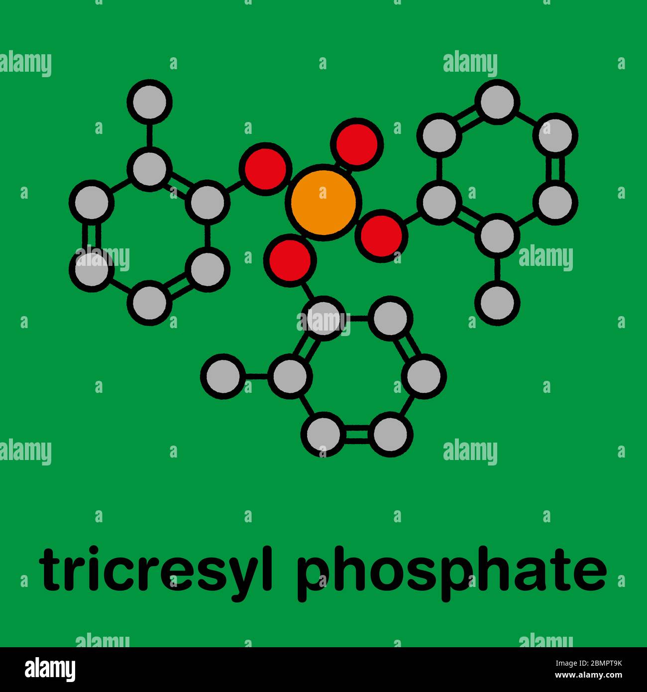 Tricresyl phosphate (TCP) molecule. Used as plasticizer, for ...