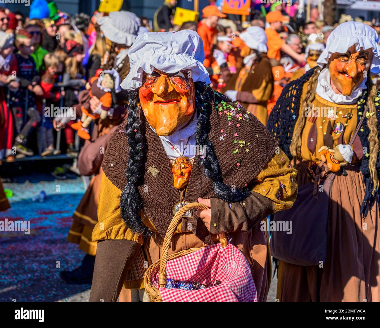 Masked old woman, witch, carnival parade of the Wey Guild on ...