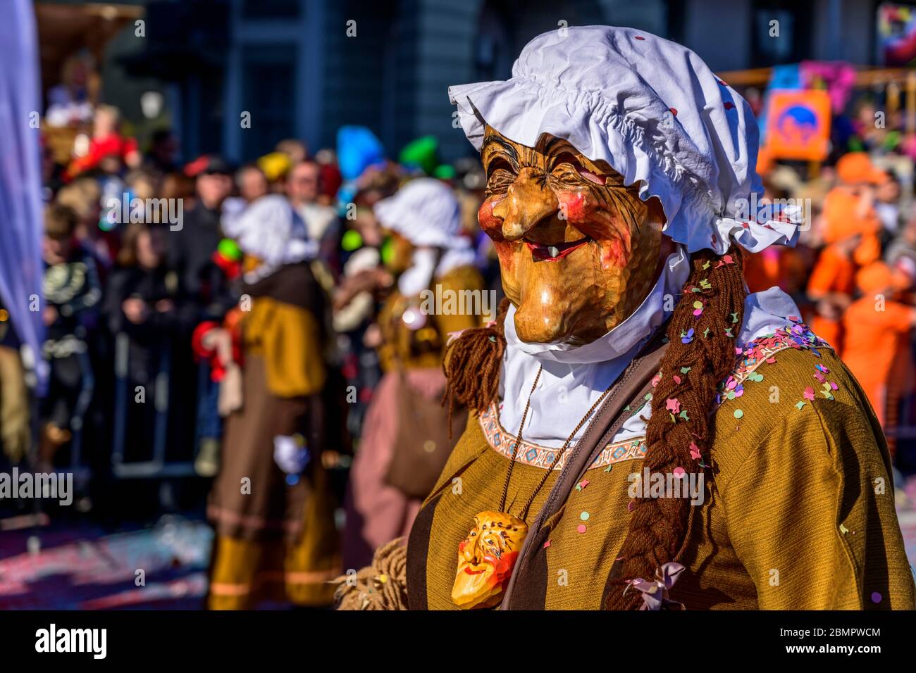 Masked old woman, witch, carnival parade of the Wey Guild on ...