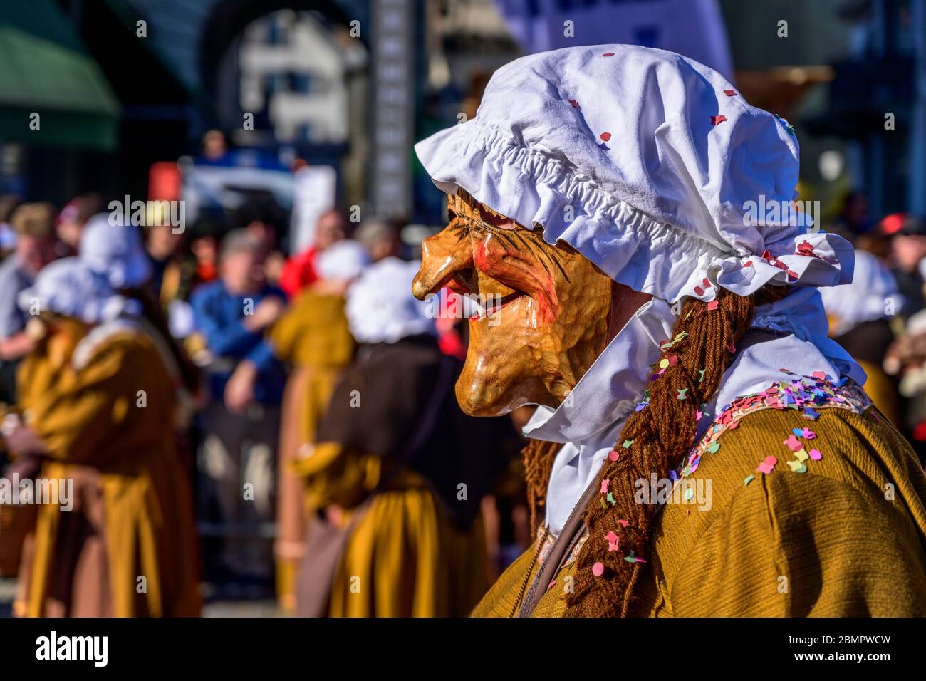Masked old woman, witch, carnival parade of the Wey Guild on ...