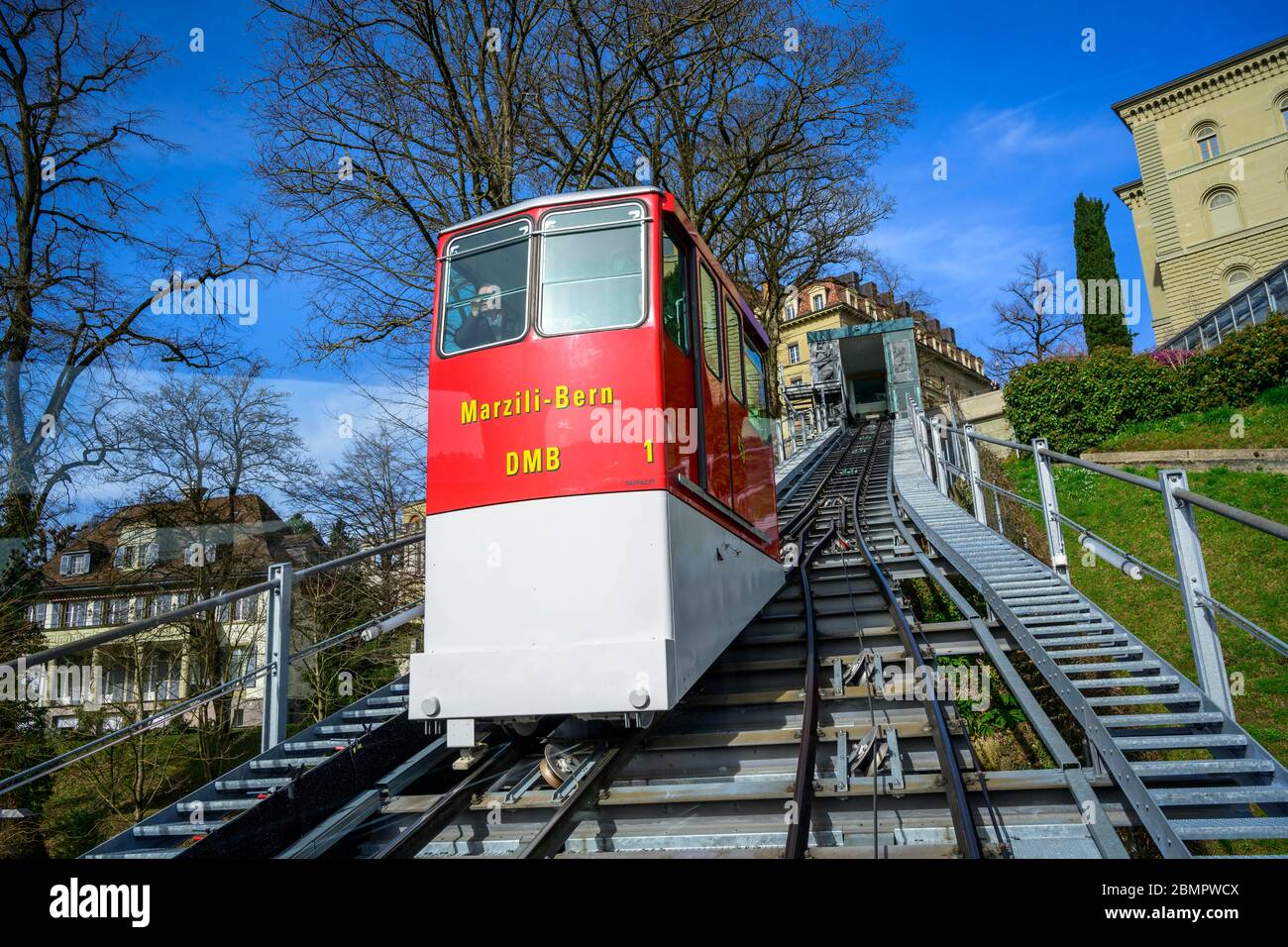 Red carriage of the Bernese Marzili, funicular railway, cable car to ...