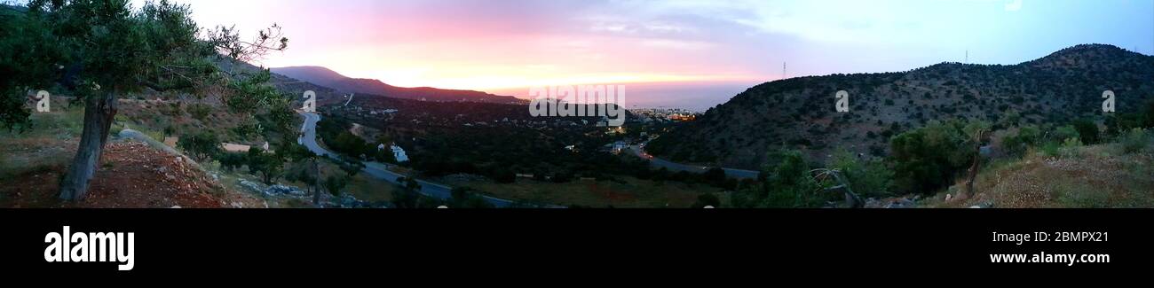 Crete road and mountains, evening sunset in mountain panorama Stock ...