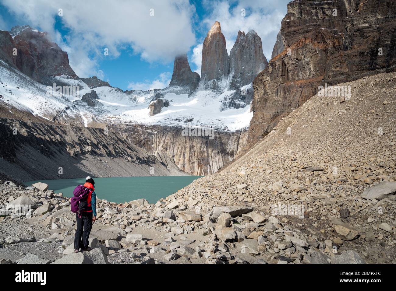 Female hiker at Mirador Base Las Torres in Torres del Paine National ...
