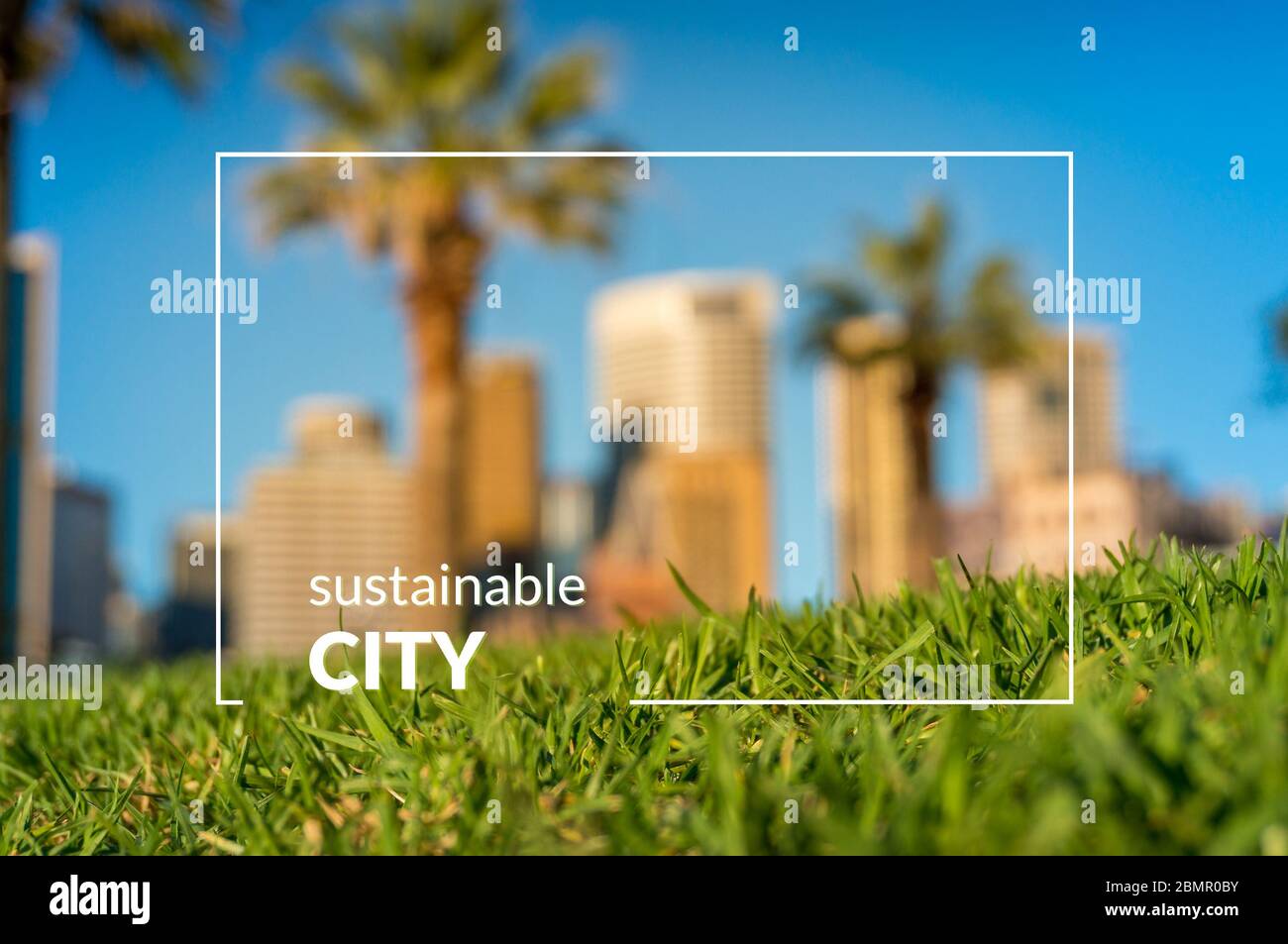 Sustainable city poster design with Green grass and modern skyscrapers ...
