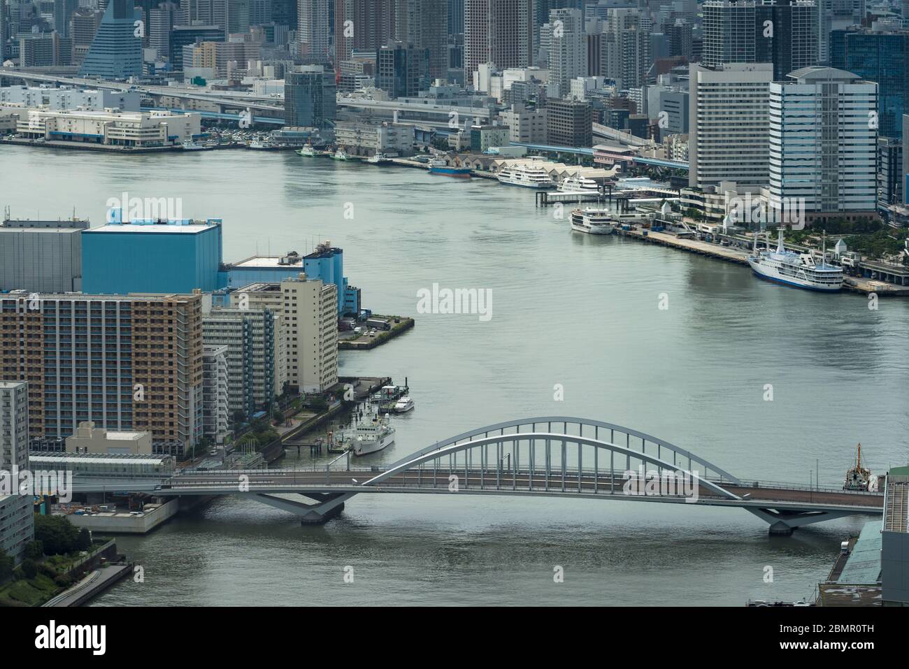 Tokyo cityscape with skyscrapers and bridges roads over river. Aerial ...