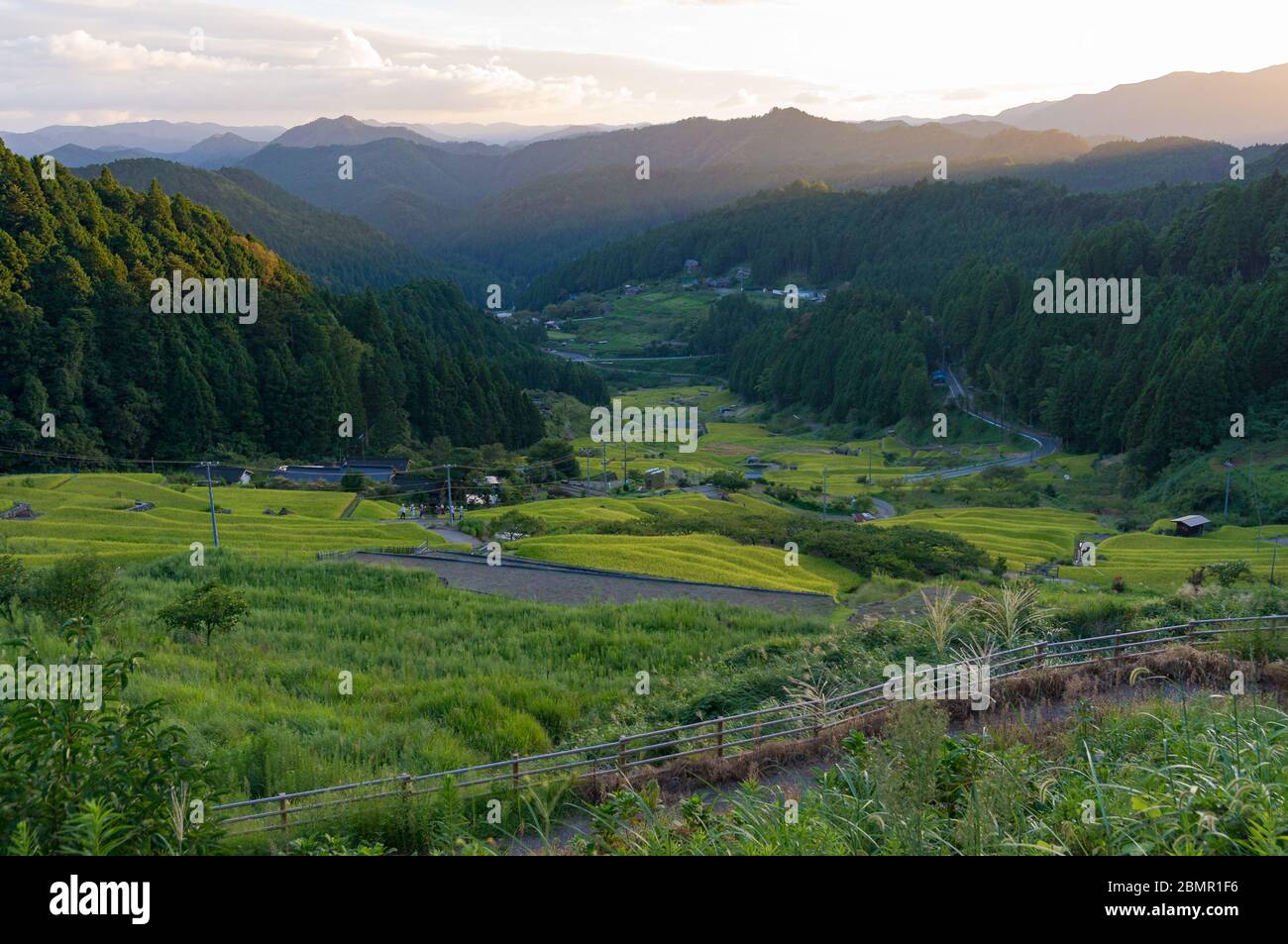 Mountain landscape with rice terraces at sunset. Japanese countryside ...