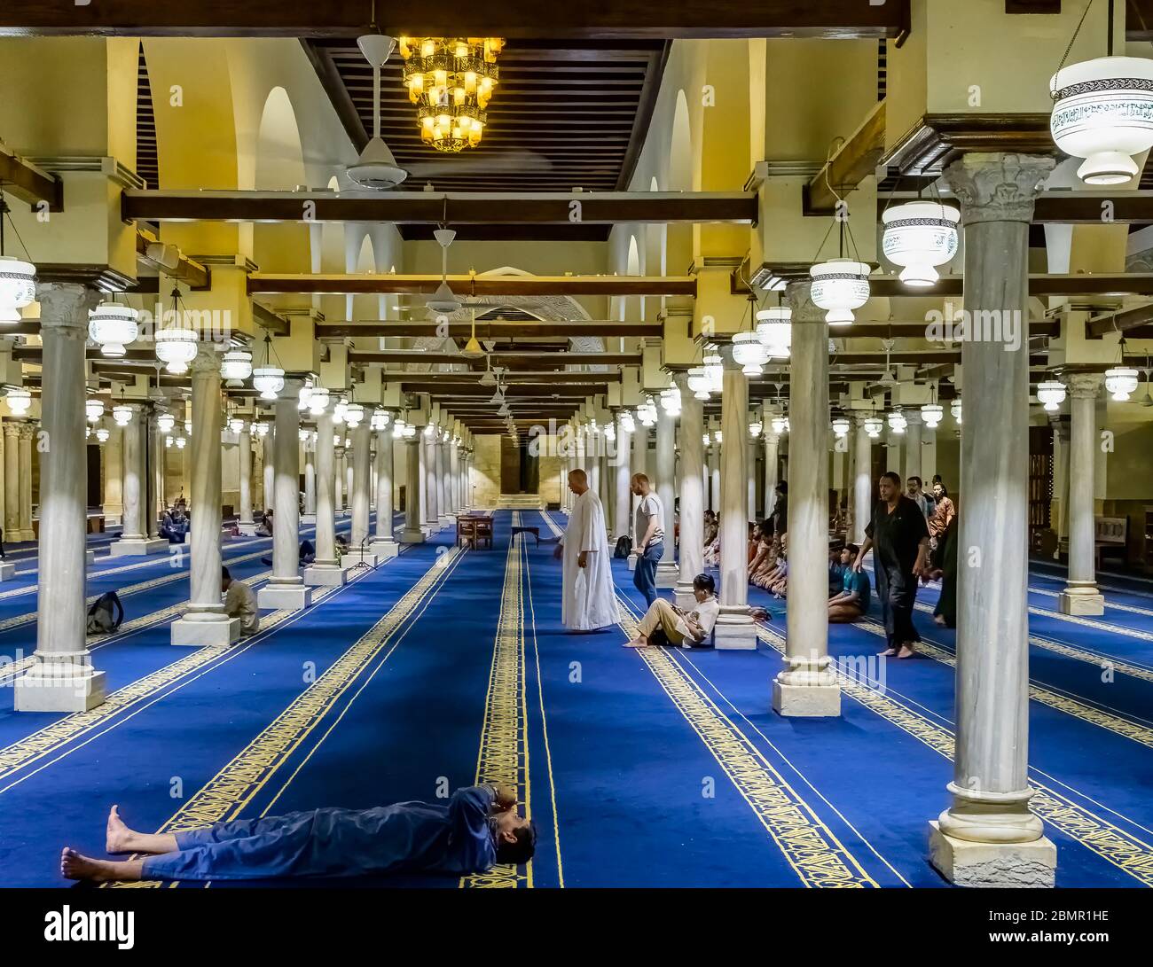 The Blue carpeted rectangular hypostyle prayer hall of Al-Azhar Mosque ...