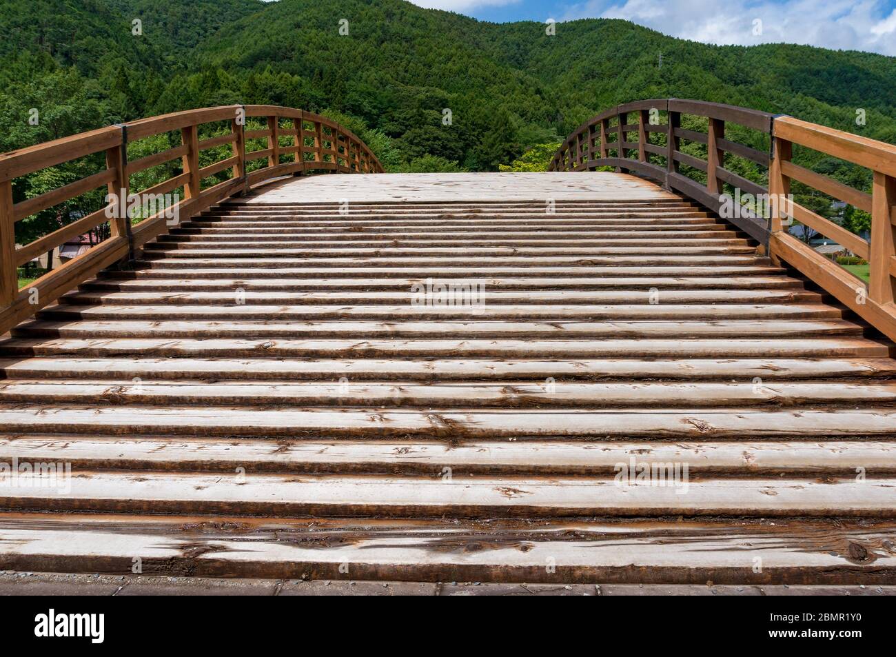 Wooden footbridge in Narai village in Japan. Historic pedestrian bridge ...