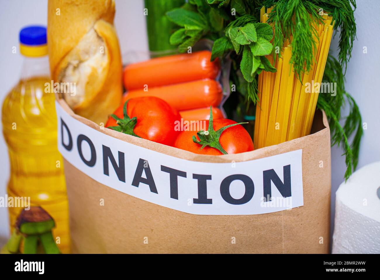 Donation box with different food for people Stock Photo - Alamy