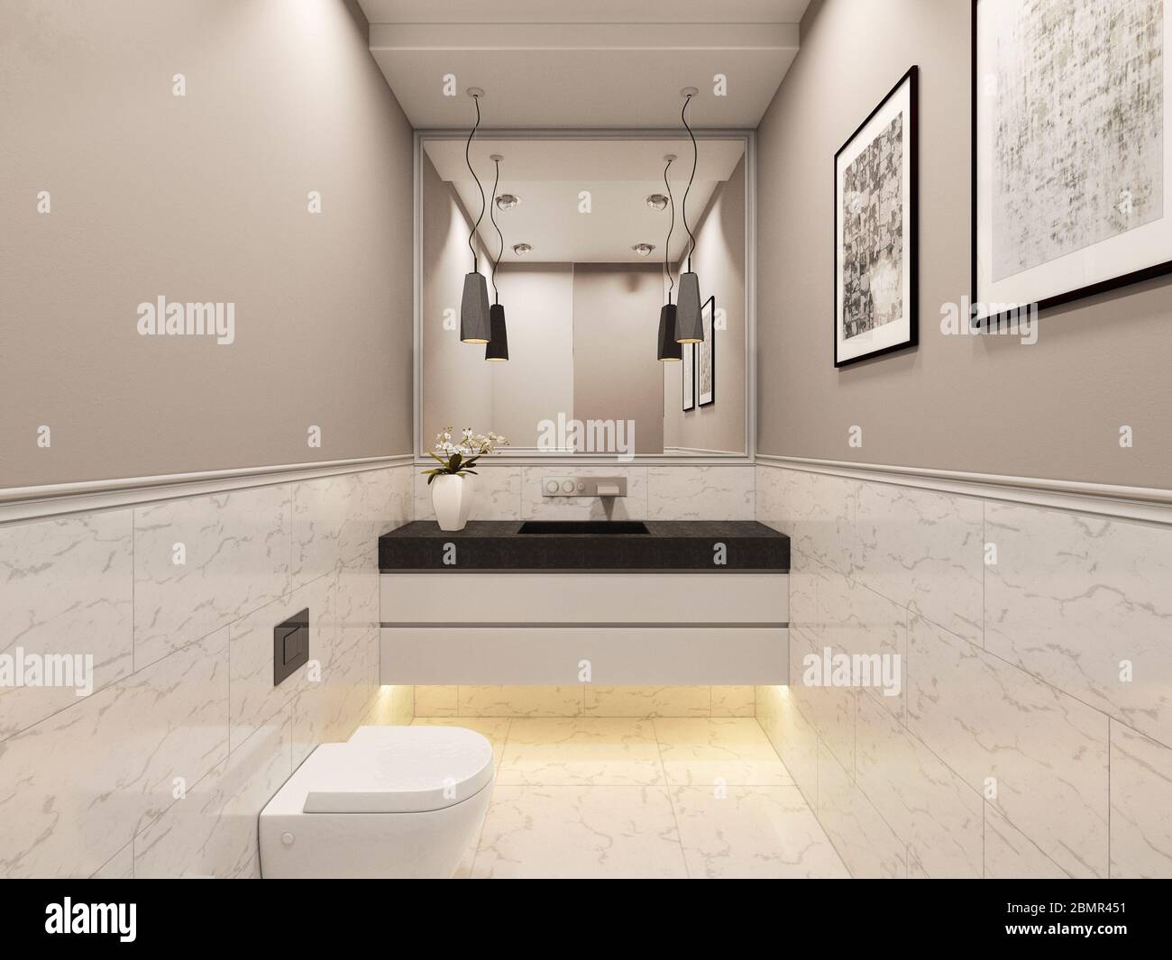 3D render, interior of the toilet in a private cottage. Toilet interior ...