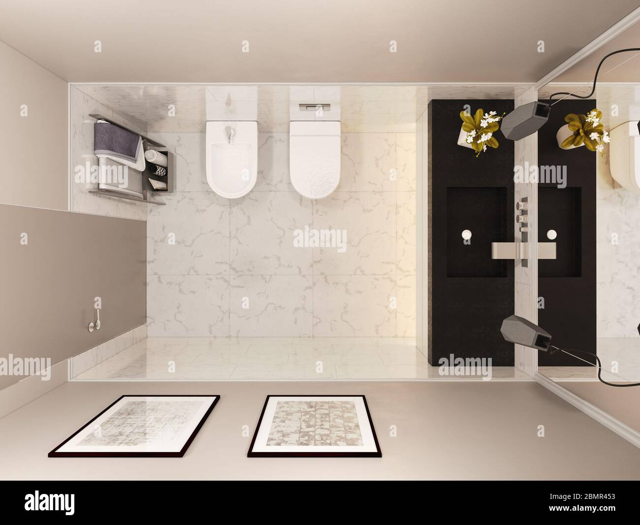 3D render, interior of the toilet in a private cottage. Toilet interior ...
