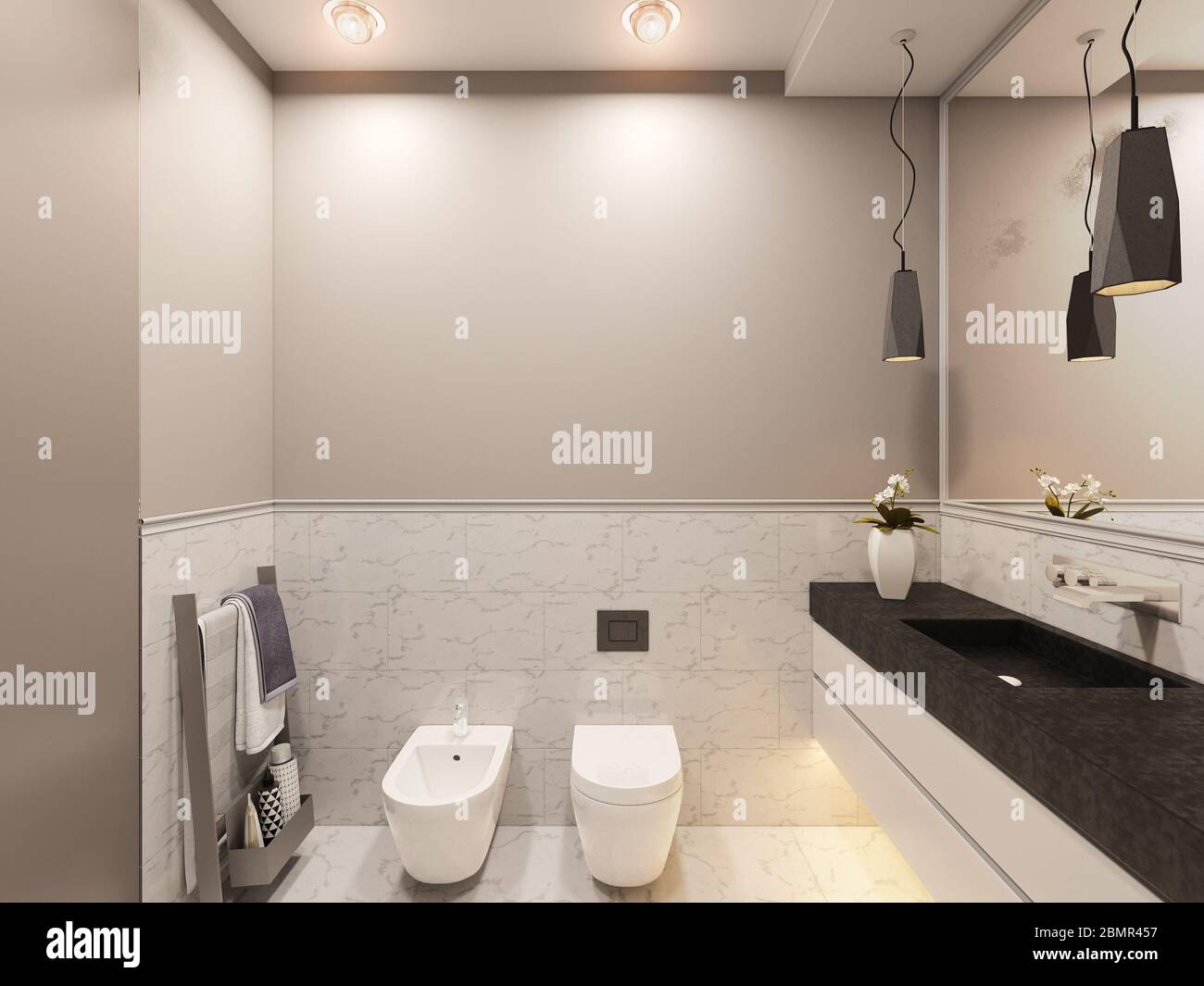 3D render, interior of the toilet in a private cottage. Toilet interior ...
