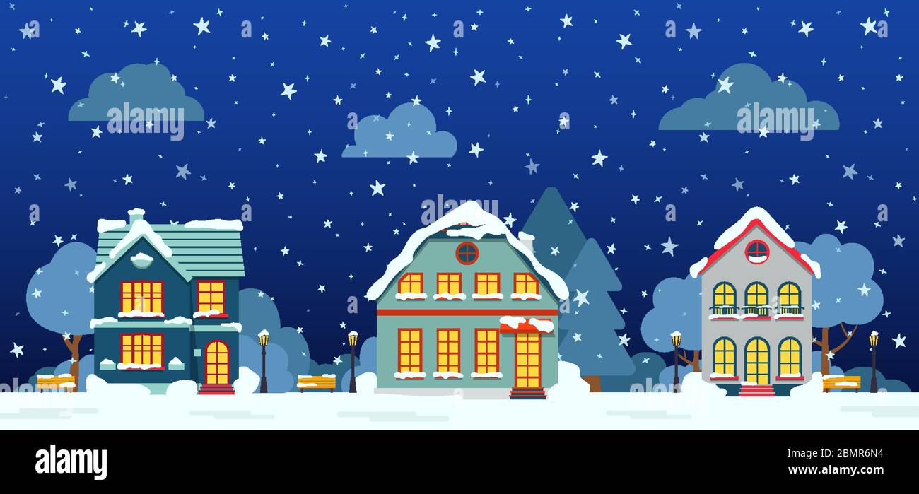 Winter night street with house, snow tree, bush cloud, lantern flat ...