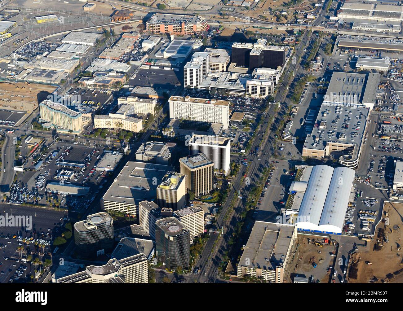 Century Boulevard near LAX Airport aerial view with multiple chain ...