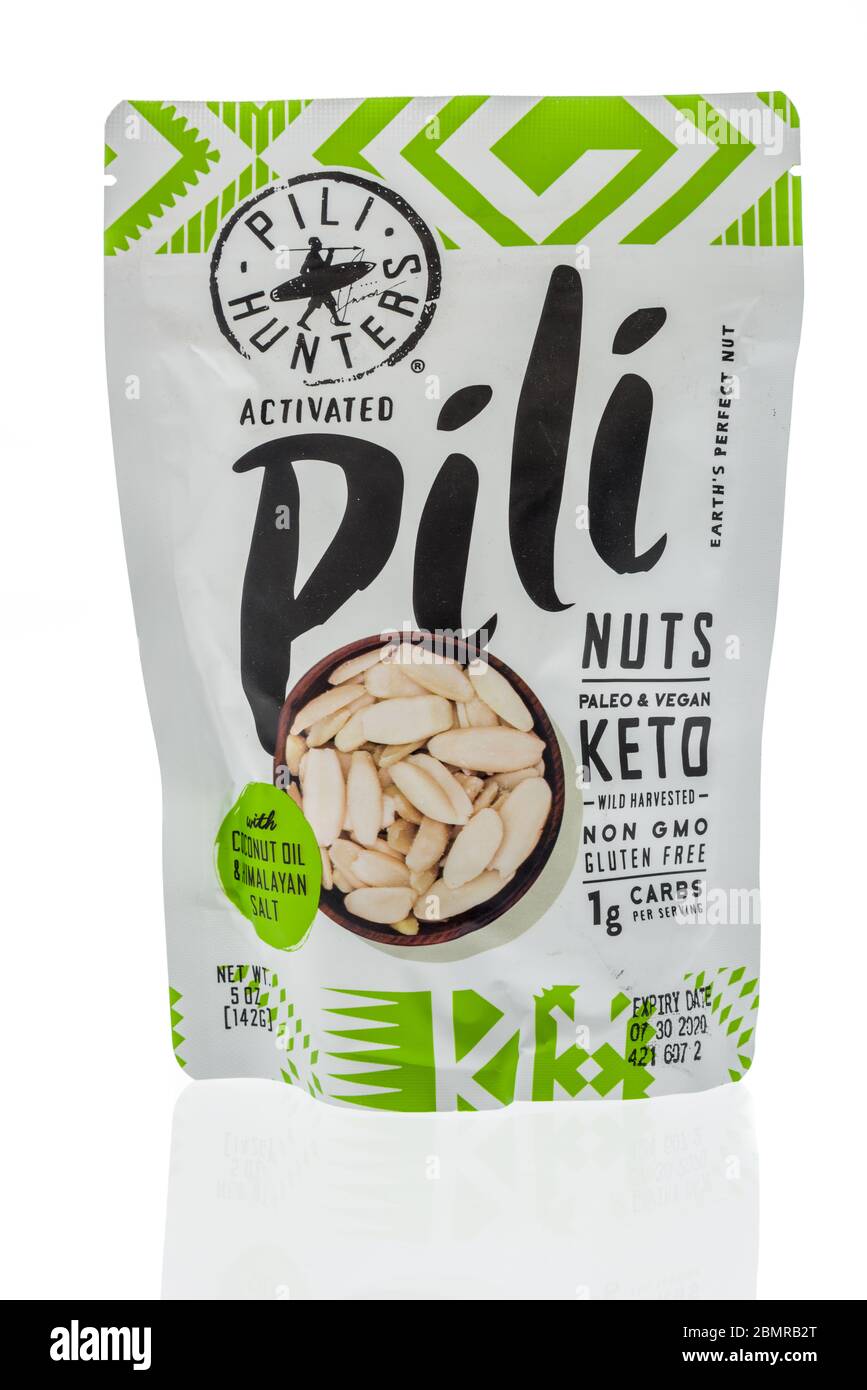 Winneconne, WI - 5 May 2020: A package of Pili hunters pili nuts on an ...