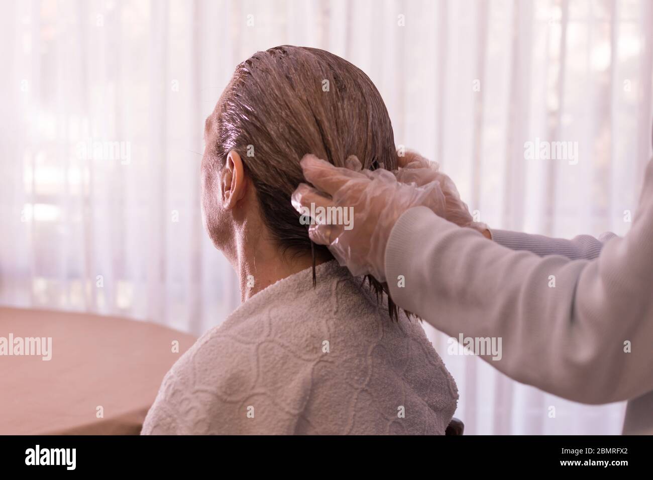 Image representing personal care at home. woman massaging the hair of a ...