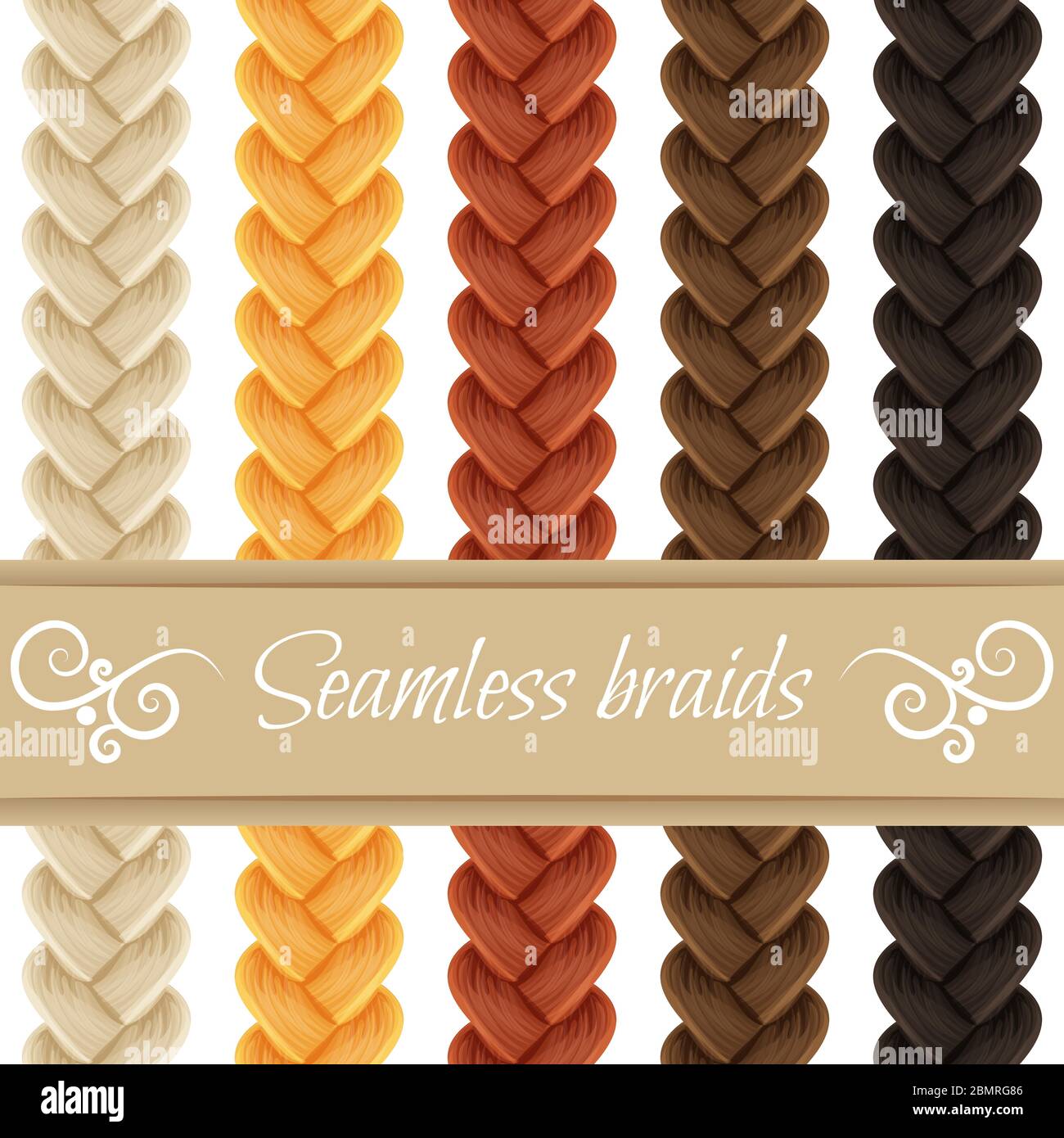 Set of seamless hair braid, three strand french braid, plait isolated ...